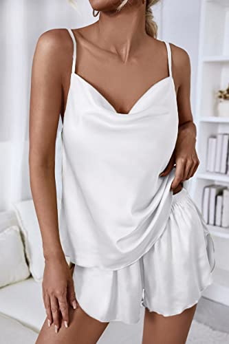 CHYRII Women's White Silk Pajamas Sexy Satin Cowl Neck PJS Cami Shorts Lingerie Lounge Sets XL