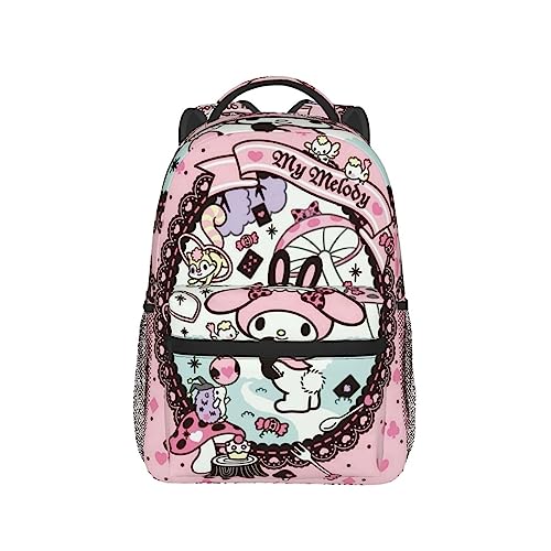DIEZ My Bunny Melody Backpack Women Casual Pink Backpack Cartoon My Bunny Melody Kawaii Backpack Breathable Large-Capacity Travel Daypack With Keychain