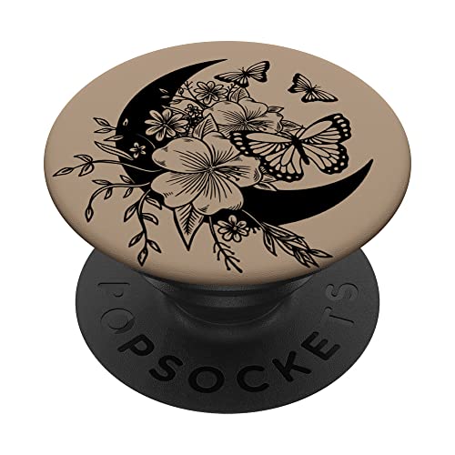 Champagne Tan Black Butterfly Crescent Moon Flower PopSockets Swappable PopGrip