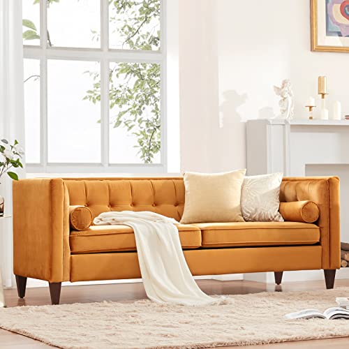 Dreamsir 78'' W Velvet Sofa, Mid-Century Love Seats Sofa Furniture with Bolster Pillows, Button Tufted Couch for Living Room, Tool-Free Assembly (Sofa, Ginger)