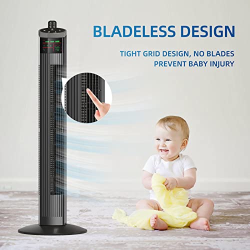 Gray Track Tower Fan 75° Oscillating Fans with Remote, 3 Speeds, 3 Modes, 15H Timer, LED Display, 36” Portable Floor Bladeless Fan for Bedroom Home Office, Quiet Cooling, Space-Saving