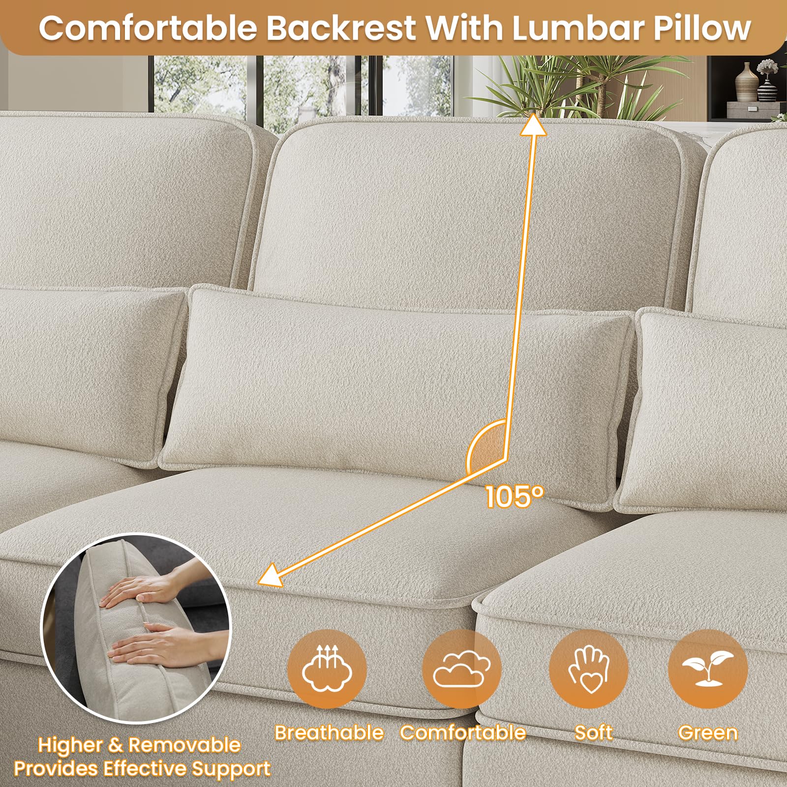 Brinlawb Sectional Sofa with Storage 110'' Convertible U Shaped Modular Sofa Couch with Reversible Chaise and Waist Pillow 6 Seater Chenille Sectional Couches with Ottomans for Living Room,Beige