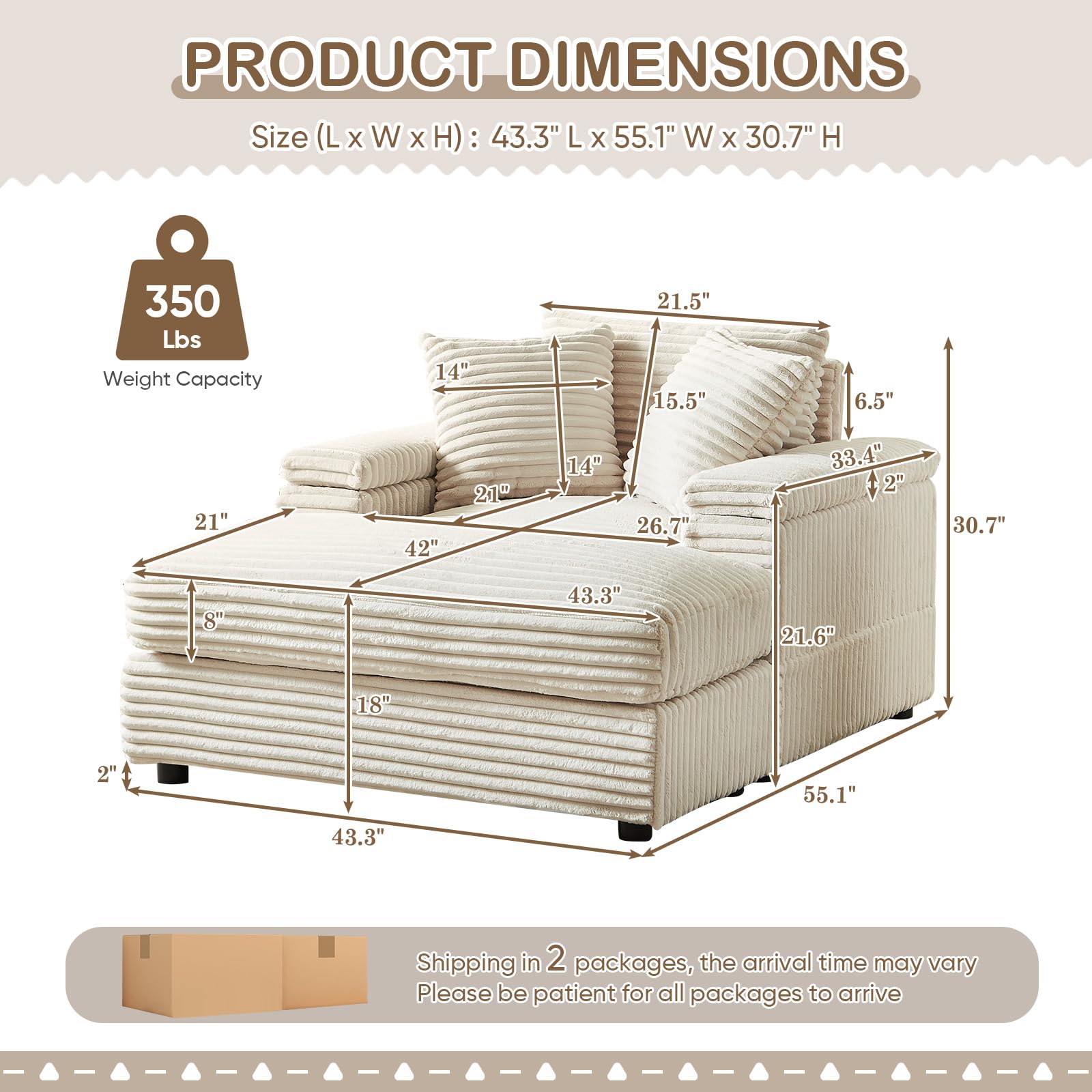 Chaise Lounge Chair Indoor, 43.3 Inch Comfy Corduroy Sectional Cloud Couch, Upholstered Single Sofa w/Movable Ottoman for Living Room, Bedroom, Apartment, Beige