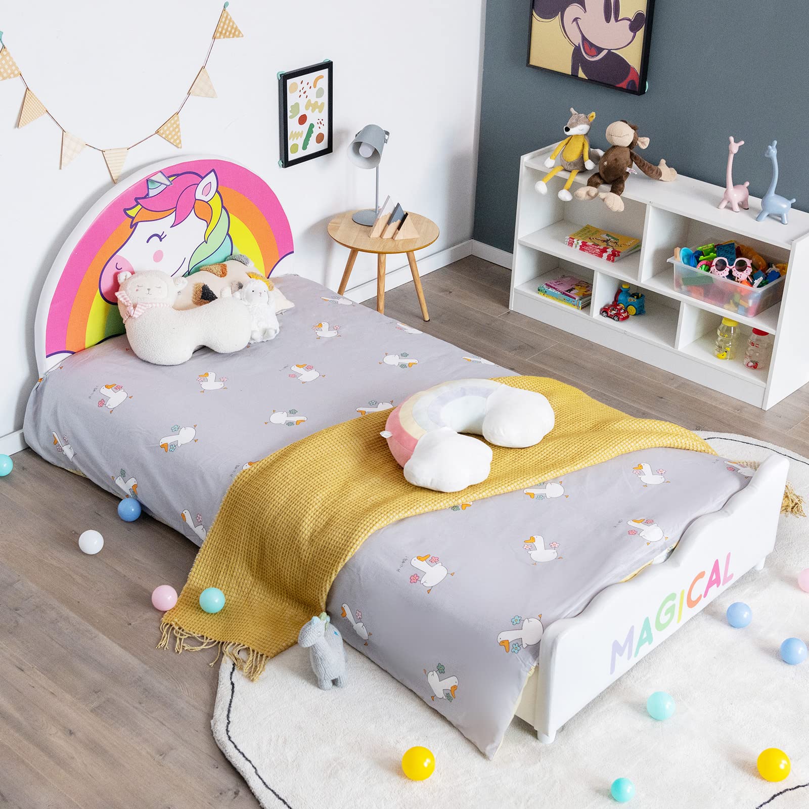 Costzon Twin Bed Frames for Kids, Wood Upholstered Twin Bed Platform with Slat Support, Padded Headboard&Footboard, No Box Spring Needed, Easy Assembly, Fits Standard Twin Mattress (Rainbow)