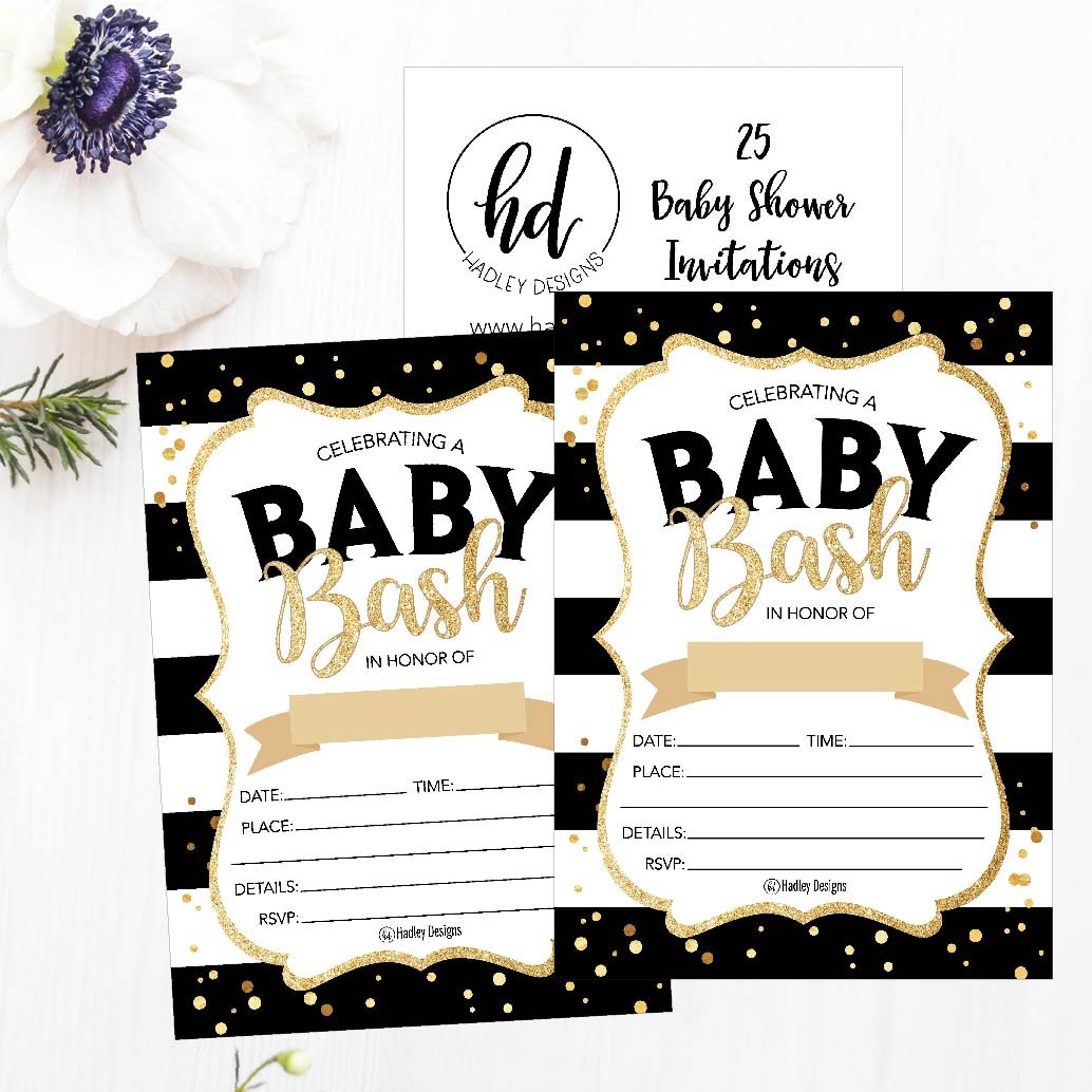 Hadley Designs - Black Gold Bash Baby Shower Invitations, Printable Shabby Chic Unique Custom Vintage Coed Twin Sprinkle Party Card Stock Paper Supplies - 25 Set