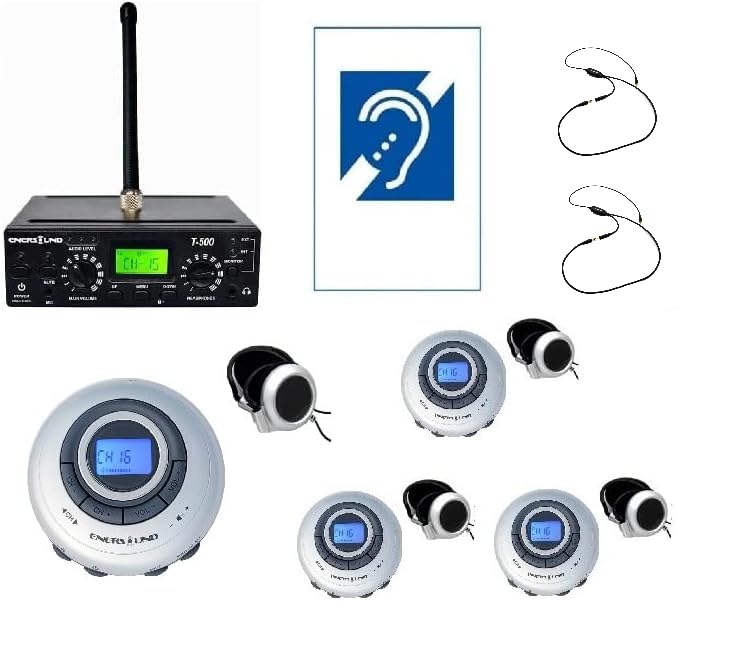 Enersound 4-Person Assistive Listening System with Headphones Neck Loops for Hearing Aids and ADA Plaque - Ideal for Church Schools Theaters Venues - US-Based Lifetime Limited Warranty -Phone Support