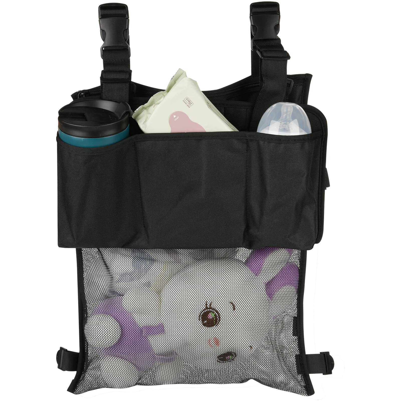 Beautyflier Mesh Stroller Organizer with Extra Large Storage, Universal Stroller Caddy Baby Cup Holders Diaper Storage Accessories Compact Design Fit Any Strollers, Black