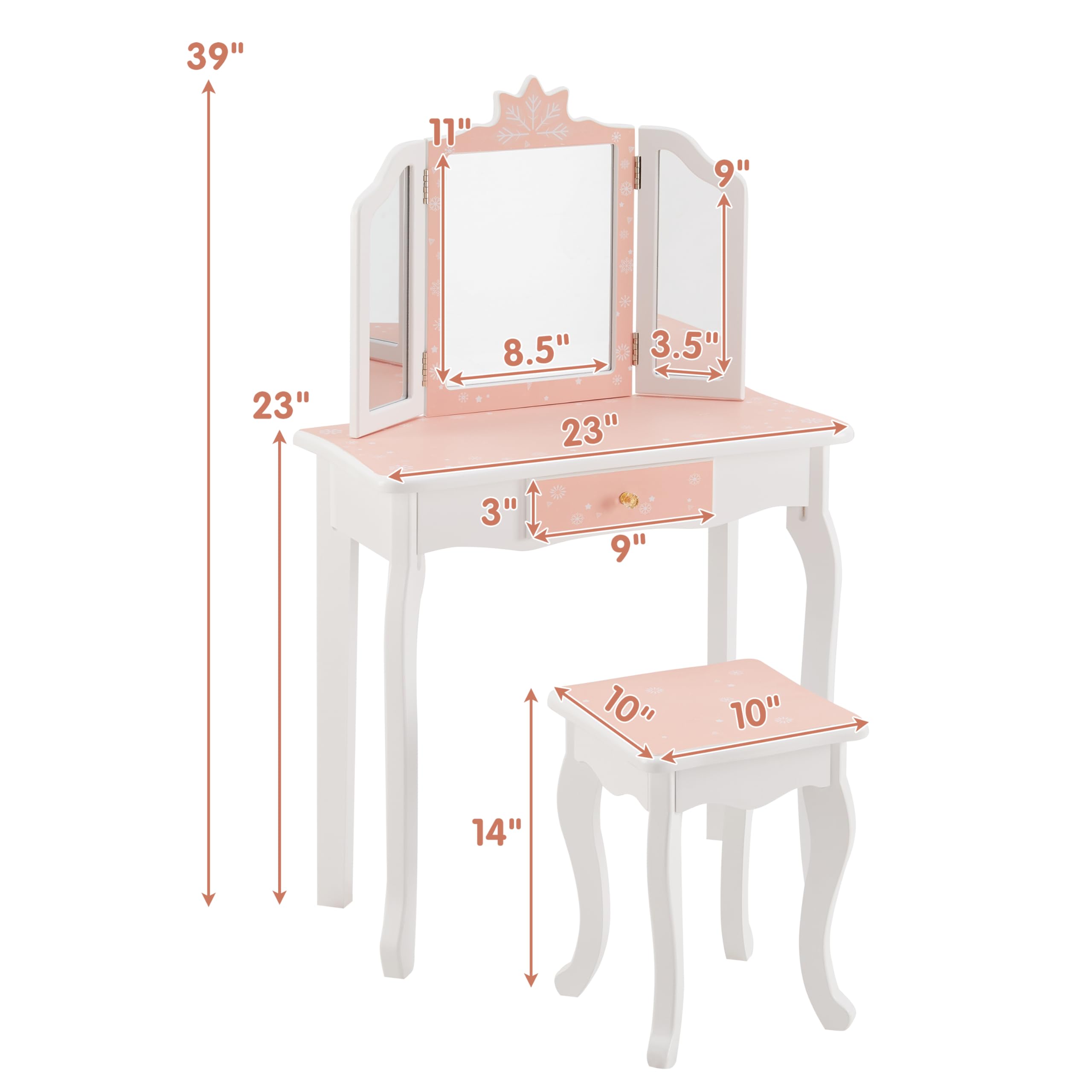Kids Vanity Table & Stool Set, Girls Vanity Set with Detachable Tri-Folding Mirror and Drawer, 2 in 1 Princess Makeup Dressing Table and Writing Desk for Girls, Kids Age 3-8 (Pink)