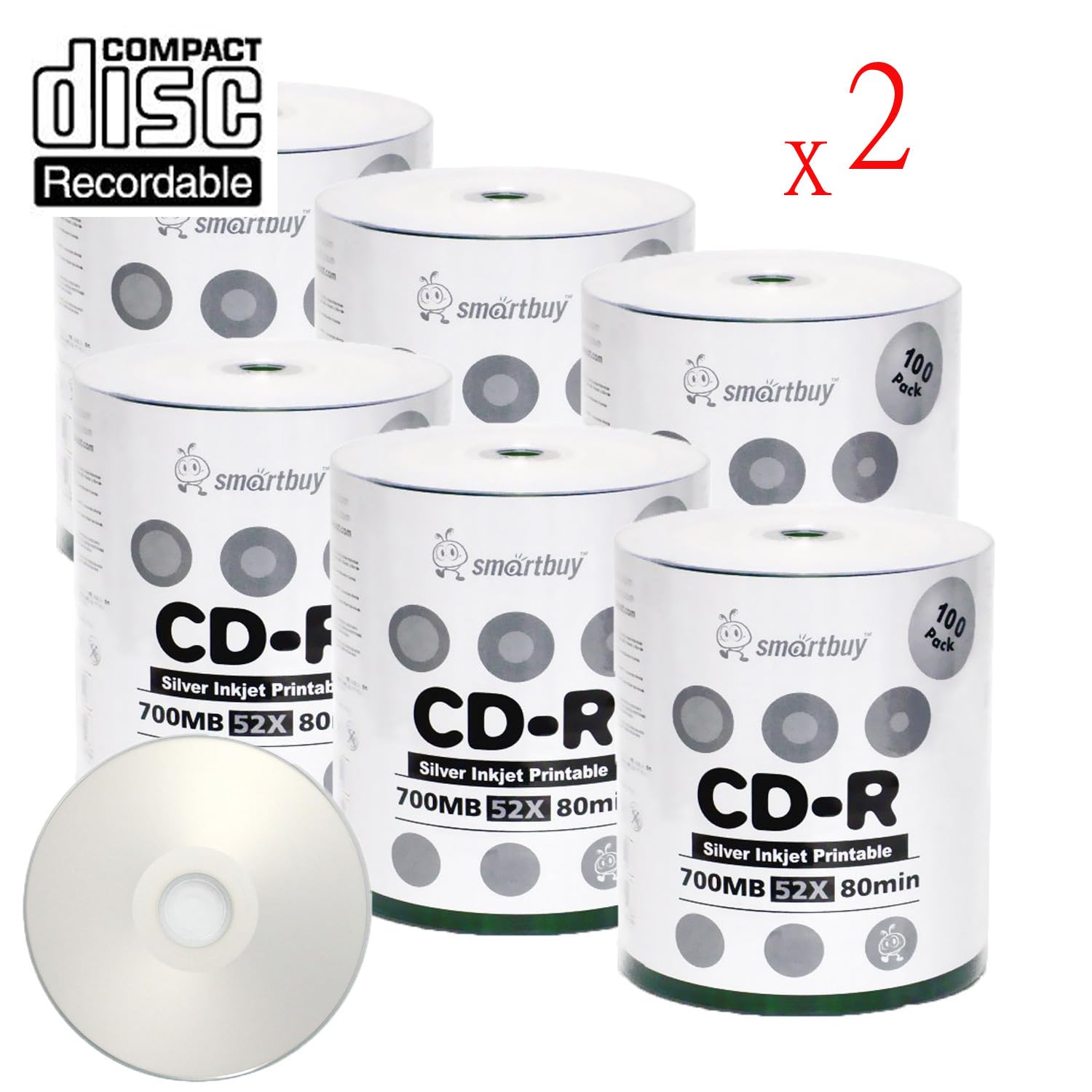 Smartbuy 1200-disc 700mb/80min 52x CD-R Silver Inkjet Hub Printable Blank Recordable Media Disc