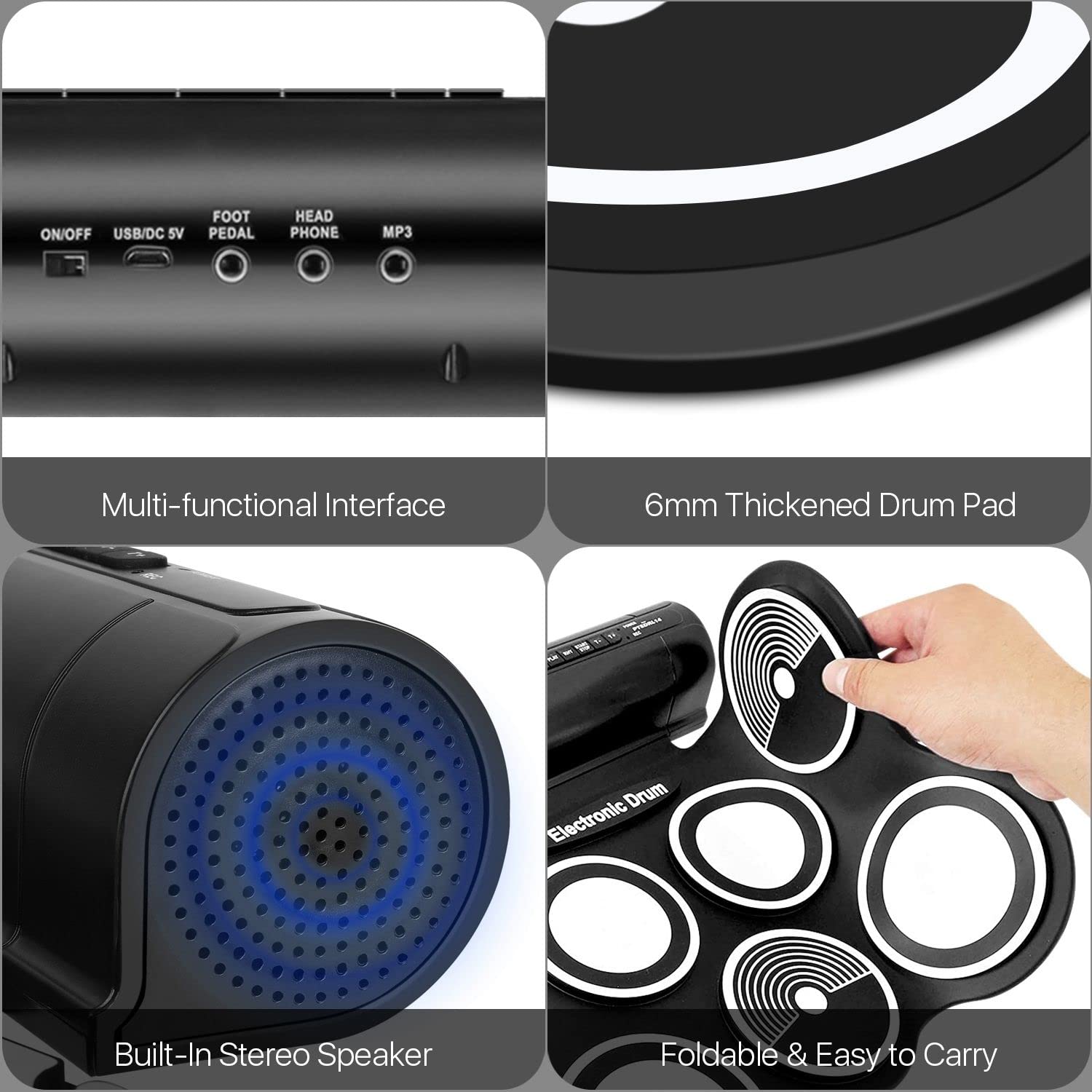Flexzion Digital Electronic Drum Set, Portable Roll Up Electronic Drum Pad Machine for Kids, Adults, Beginners, Pros, 7 Pads Electric Drum Set with Drum Sticks, Foot Pedals, MIDI and Headphone Jack