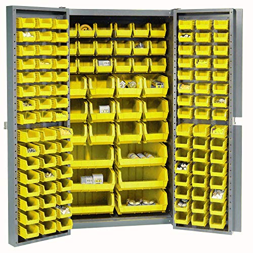 Global Industrial Bin Cabinet with 132 Yellow Bins, 38x24x72, Assembled