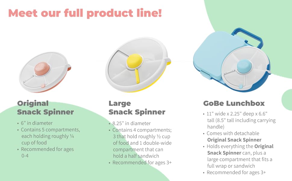 GoBe Kids Snack Spinner Bundle with Hand Strap and Sticker Sheet - Reusable Snack Container with 5 Compartment Dispenser and Lid | BPA and PVC Free | Dishwasher Safe | No Spill, Leakproof
