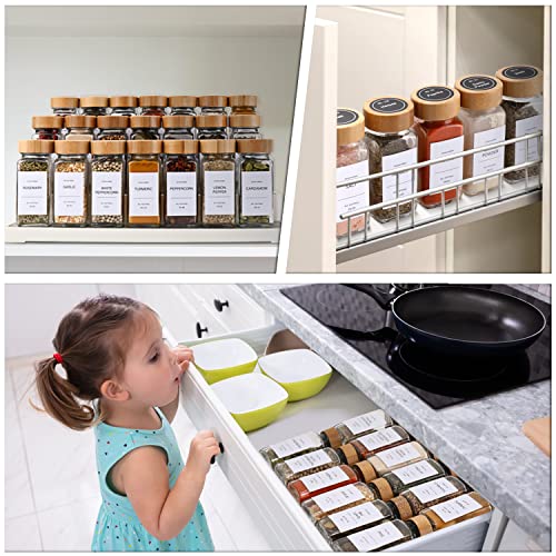 DIMBRAH Spice Jars with Label-4oz 15 Pcs Glass Spice Jars with Bamboo Lids,Spices Container Set with White Printed Spice Labels,Kitchen Empty Spice Jars