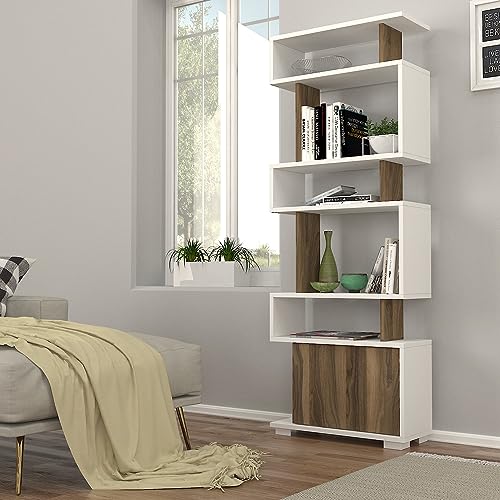 DORPEK Balance Bookcase White - Walnut,S- Shaped 6- Tier Tall Bookshelf, Etagere Bookcase with Open Shelves and Drawer, Floor Standing Unit, Storage Shelving for Living Room and Home Office