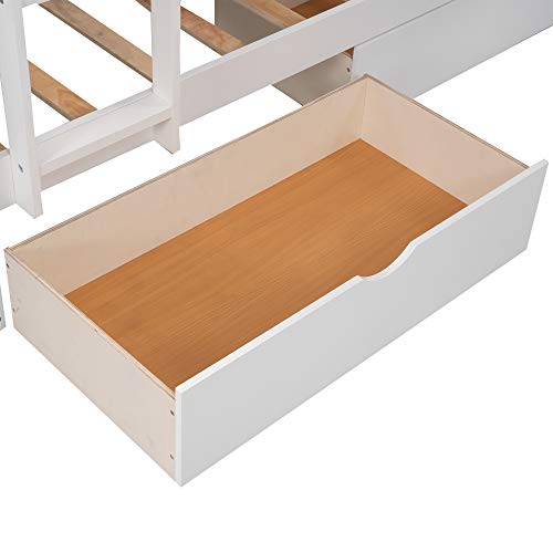 Flieks Triple Bed Twin-Over-Twin-Over-Twin Bed L Shaped Bunk Bed with 2 Drawers and 2 Ladders, No Box Spring Needed