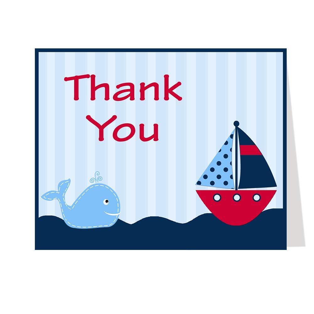 The Invite Lady Nautical Thank You Cards Baby Shower Ahoy It's A Boy Red Navy Blue Stripes Sprinkle Thanks Whale Sailboat Birthday Party Ship Boys (24 count)