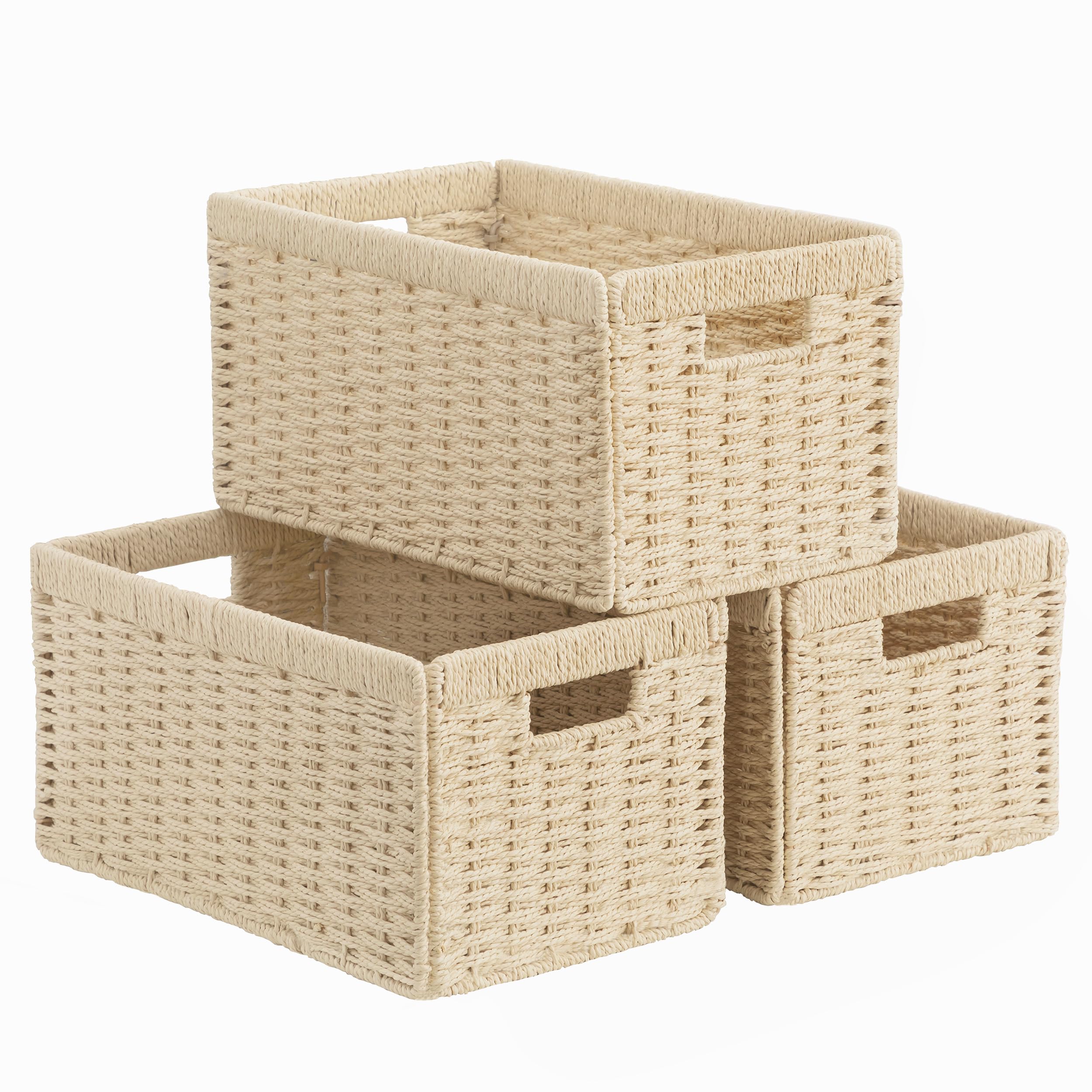 joybest Wicker Storage Baskets, Rectangular Storage Baskets with Built-in Handles, Paper Rope Baskets for Shelves Living Room Indoor Home Organizing