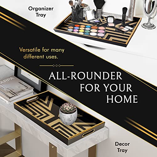 DIVERSITY TRADE Gold & Black Serving Tray w/ Handles – 17'' x 12'' Black Decorative Tray Large Ottoman TrayLiving Room Leak Proof Coffee Table Tray Glass Serving TrayOttoman Coffee Table (CX80225)