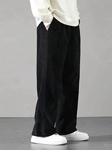 Floerns Men's Loose Fit Corduroy Elastic Waist Slant Pocket Straight Leg Pants Black L