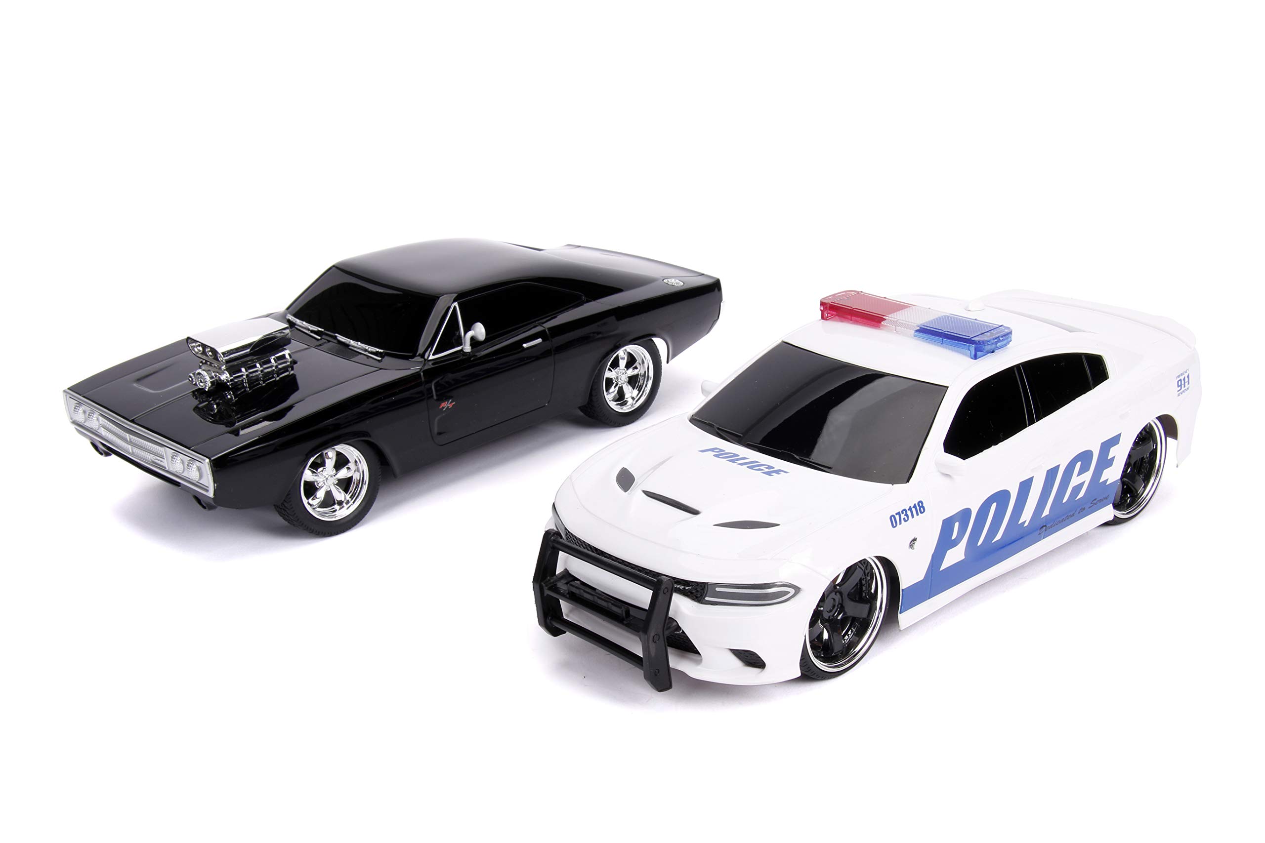 Jada Fast & Furious Chase Twin Pack- Dom's Dodge Charger R/T & Dodge Charger SRT Hellcat, Police & Chase Car Rc, USB Charged, Black and White