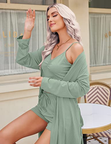 Ekouaer 3 Piece Pajama Set Women Cami Pjs with Shorts and Long Sleeve Cardigan Knit Lounge Outfits Green