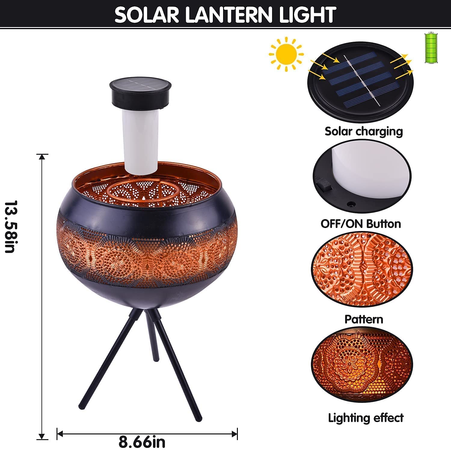 Larekook Outdoor Lantern Flickering Flame Light Solar Floor Lamp Waterproof Retro Lantern Metal Brazier Light Decor for Yard Patio Garden (Auto On/Off)