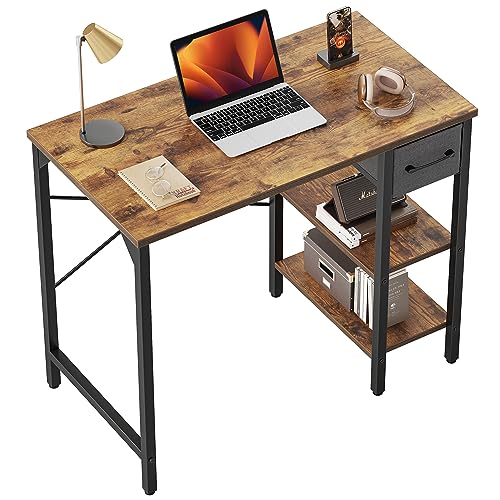 CubiCubi Computer Desk, 35 Inch Small Home Office Desk with Drawer Storage Shelves for Small Space, Writing Study Desk, Rustic Brown