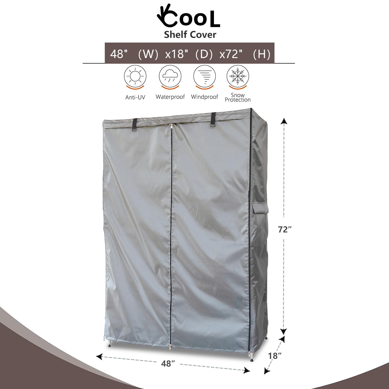 okcool Waterproof Shelf Cover,600D Heavy Duty Wire Shelving Unit Cover,Shelf Display Rack Protector Cover with Zipper,One Side See Through Panel.(Grey,Fits 48" Wx18 Dx72 H Shelves)