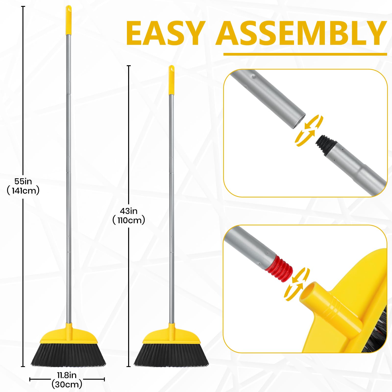 Broom for Hardwood Floors Indoor Sweeping Brooms with Soft Bristles and 55β Long Handle for Tile Laminate Deck Hard Floor Cleaning-Yellow