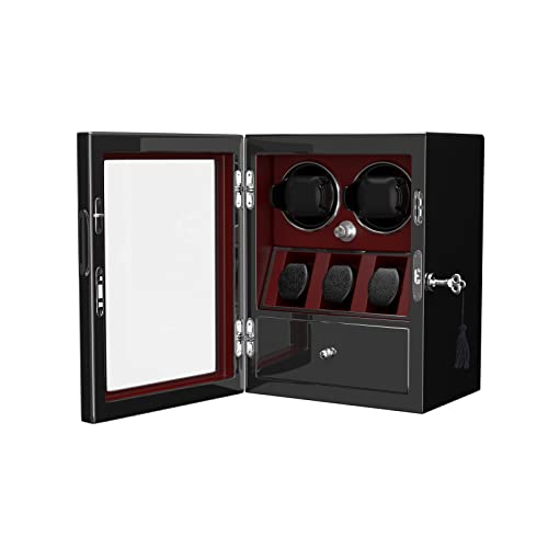 DUKWIN Watch Winder for 2 Automatic Watch, Lockable Red Watch Winder with 3 Watch Storage Places and Jewelry Storage, Super Quiet Mabuchi Motor, High-Gloss Piano Lacquer Finish, Built-in Illumination