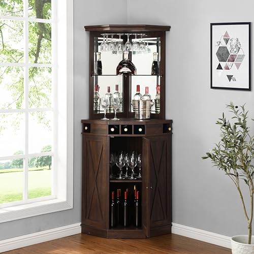 Home Source 73" Tall Corner Storage Cabinet with Wood Doors, Wine Rack, Liquor Glass Holder, Glass Design Large Rustic Bar Hutch for Living Room, Home Office, Kitchen, Small Space, Mahogany