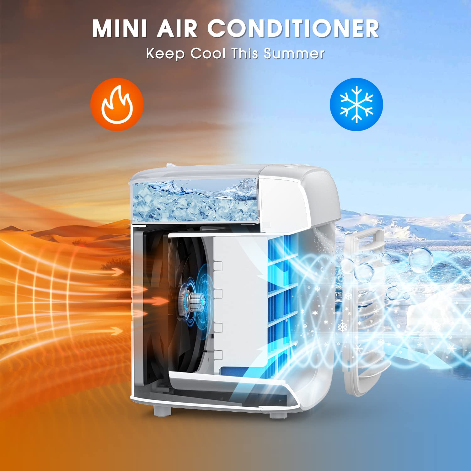 DOWILLDO Portable Air Conditioners, Mini Air Conditioner for Room with 880ML Water Tank, 3 Speeds Air Conditioner Fan with 7 Colors Night Light for Car, Kitchen, Home and Office