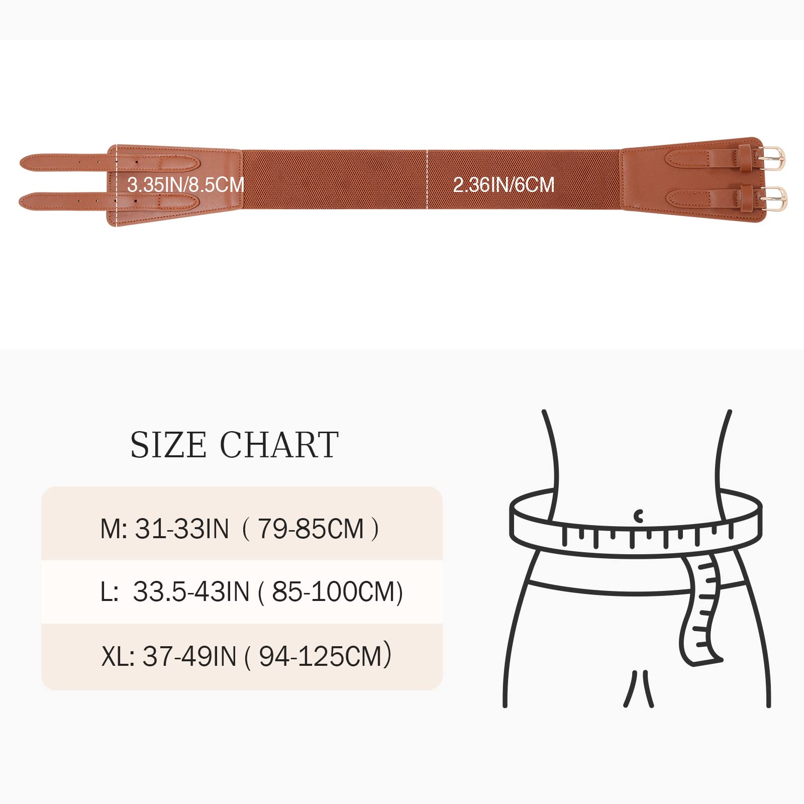 AWAYTR Double Buckle Women's Elastic Belt - Ladies Stretchy Wide Belts for Dresses, Leather Waist Belts for Women Jeans(Brown 31-33.5")