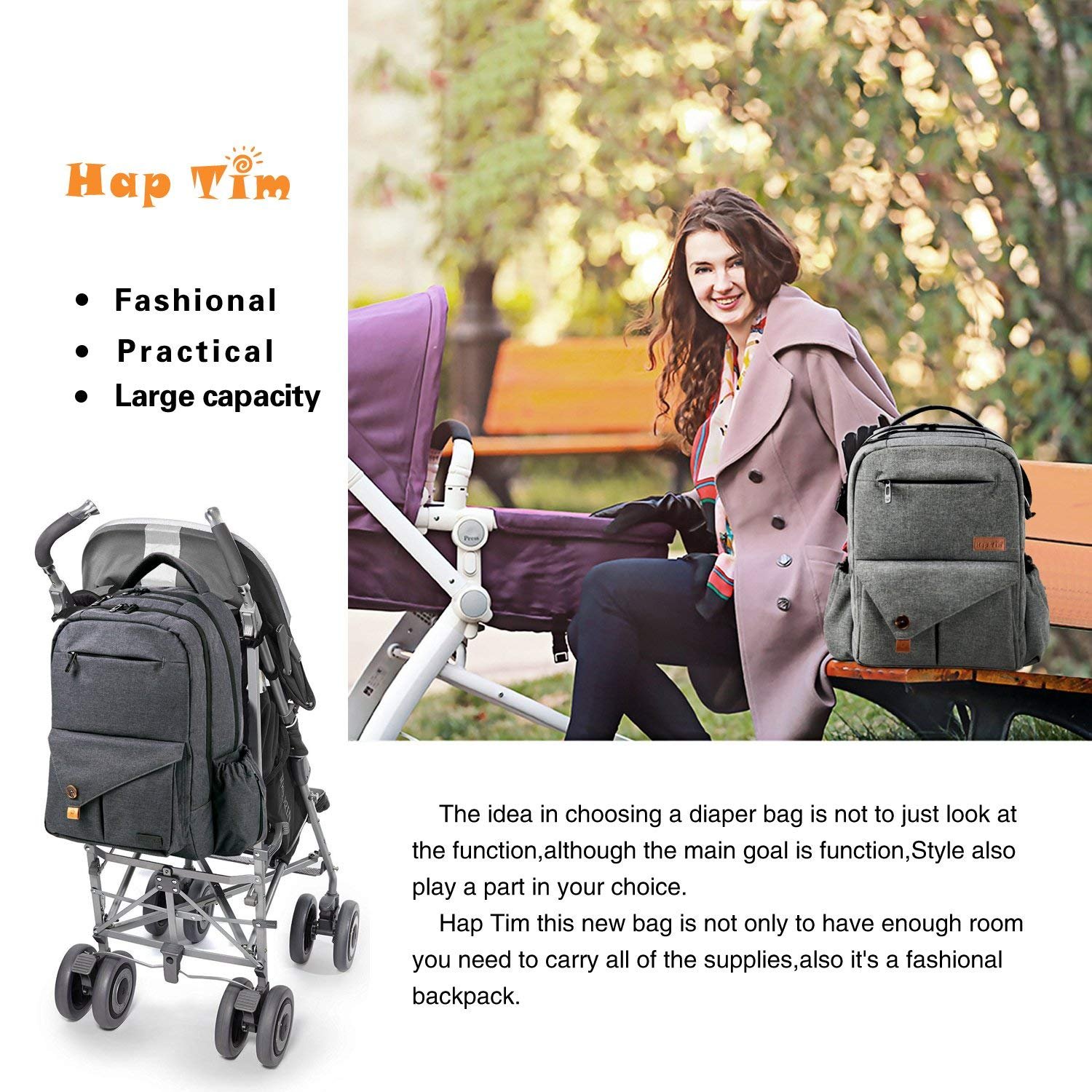 Hap Tim Multi-function Large Baby Diaper Bag Backpack with Stroller Straps, Insulated Bottle Pockets, Changing Pad (Dark Gray-5284)