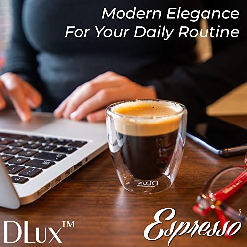 DLux Espresso Coffee Cups 3oz, Double Wall, Clear Glass set of 4 Glasses, Insulated Borosilicate Glassware Tea Cup