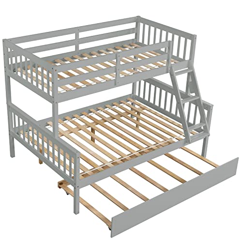 DEYOBED Twin Over Full Convertible Wooden Bunk Bed with Trundle - Versatile Bedding Solution for Kids, Teens, and Adults, Maximizing Space and Comfort in Bedrooms
