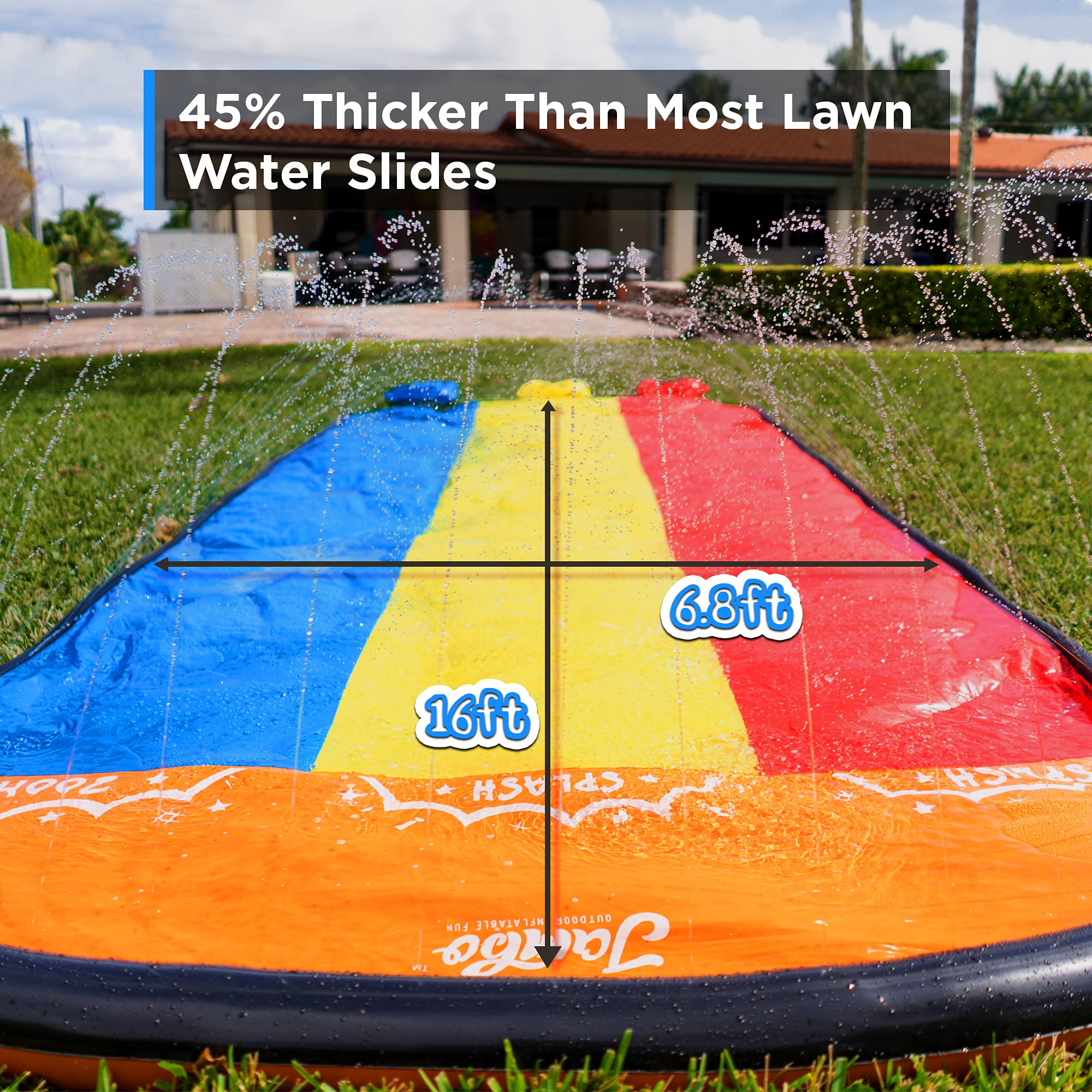 JAMBO 16Ft Premium 3 Lane Slip Splash and Slide with Bodyboards, Heavy Duty Water Slide- Advanced 3-Way Sprinkler System, Splash Mat Splash Pad Backyard Waterslide Outdoor Water Toys n Slides for Kids