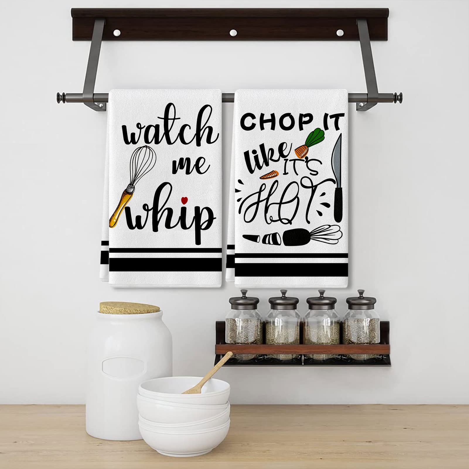 Lebsitey Funny Kitchen Towels and Dishcloths Sets of 4 Kitchen Towels with Sayings Egg Beater Rolling Pin Absorbent Drying Tea Dish Towel for Cooking Baking Home Decorations,18 x 28 Inch