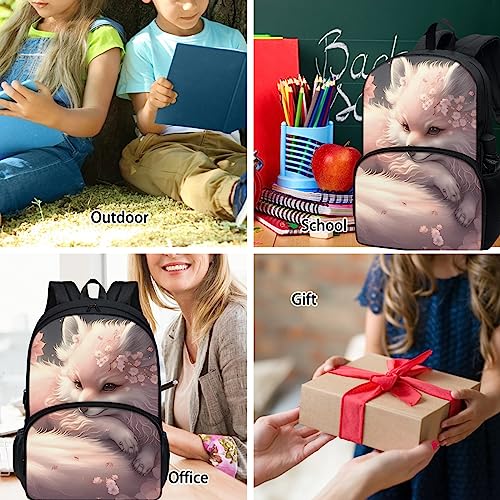 DMOYALA Fox Love Backpack for Girls Boys for School Cute Fox Baby Blossom Pink Backpacks with Water Bottle Pocket 17 inch Canvas Lightweight