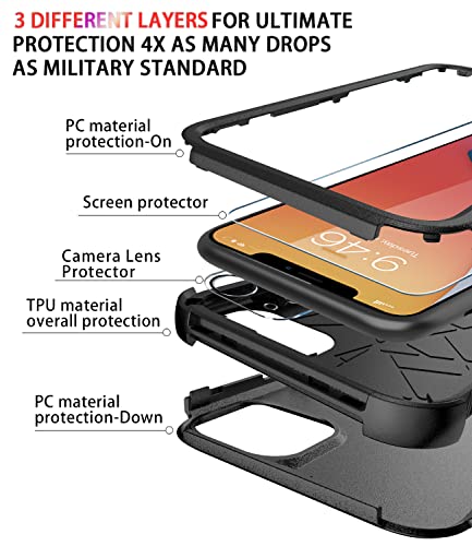Diverbox for iPhone 11 Case [Shockproof] [Dropproof] [Tempered Glass Screen Protector],Heavy Duty Protection Phone Case Cover for Apple iPhone 11 (Black-3in1)
