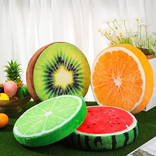 Coume 4 Pcs 15.7 Inch Round Fruit Pillows Stuffed Throw Pillows 3D Watermelon Kiwi Lemon Orange Decorative Floor Cushions Chair Toy Seat Floor Seat Cushions for Kids Couch Sofa Classroom