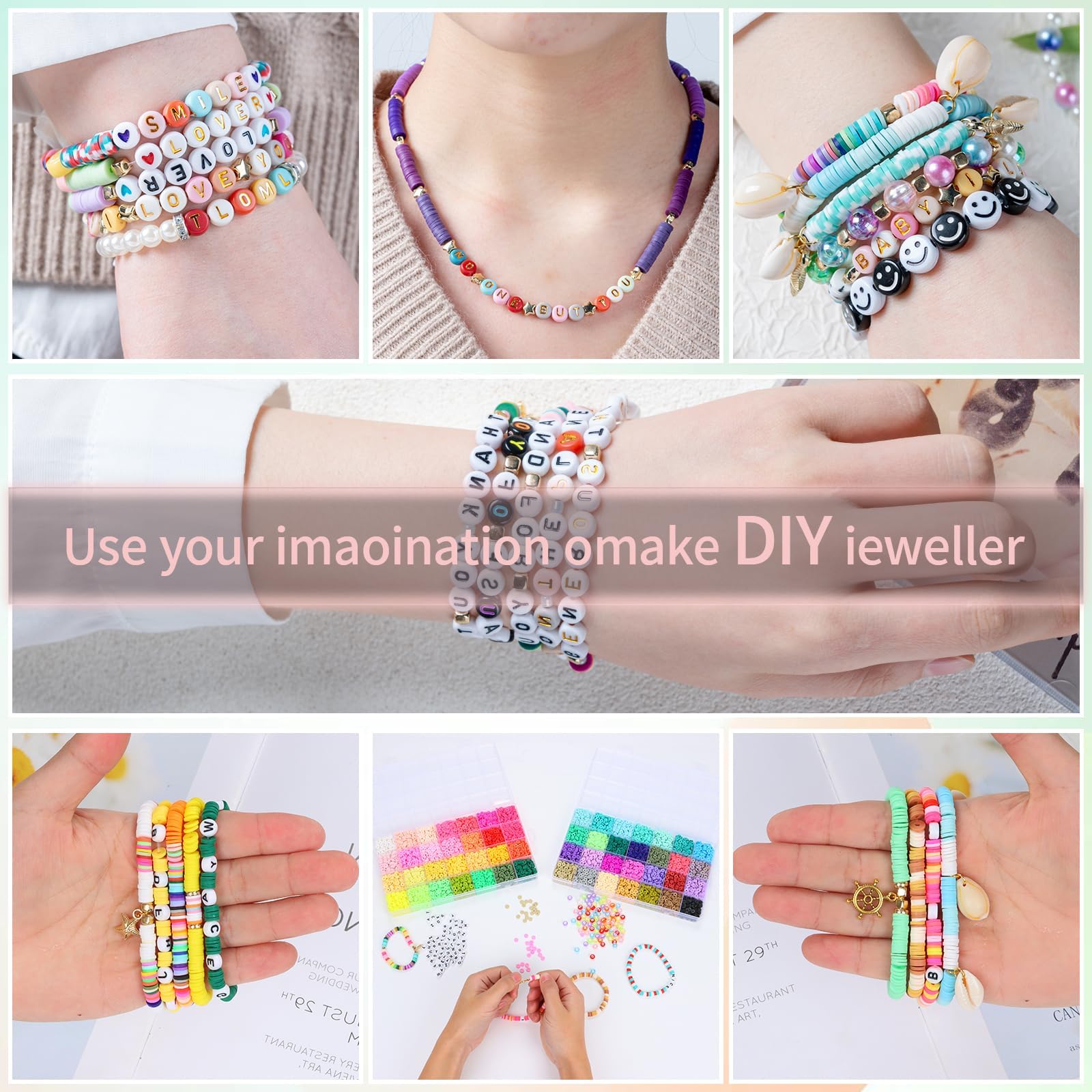 SJZWSD 6-Box Friendship Bracelet Making Kit - 16,000pcs Clay Beads, Seed Beads & Glass Beads Collection, Letter Beads, Charms