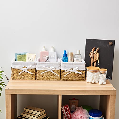 EZOWare Set of 4 Small Natural Woven Water Hyacinth Wicker Storage Nest Baskets Organizer Container Bin with Liner for Organizing Kids Baby Cloth, Room Decor, Toy, Gift Basket Empty - Brown (7x7x5.5")