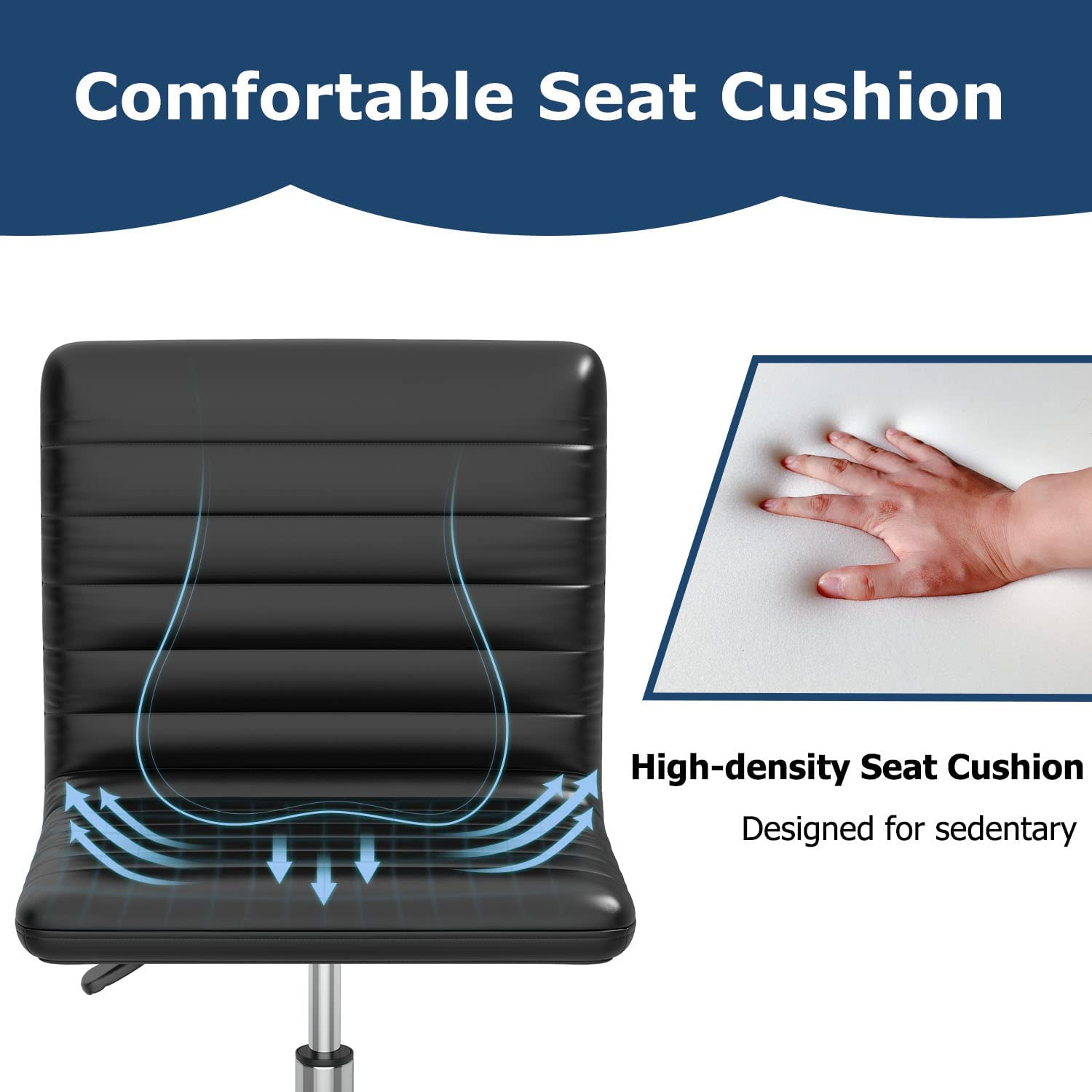 MCQ Armless Ribbed Home Desk Wheels, Faux Leather Office Adjustable Task, Mid Back Swivel Computer Chair, Jet Black
