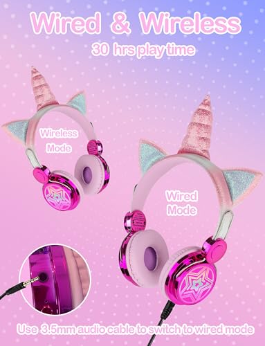 charlxee ππππ πππ° Unicorns Kids Wireless Headphones with LED Lights,Headsets with Mic for School,30H Playtime,95dB Volume Limited,HD Stereo On/Over Ear Headsets,Unicorns Gifts(Hot-Pink)