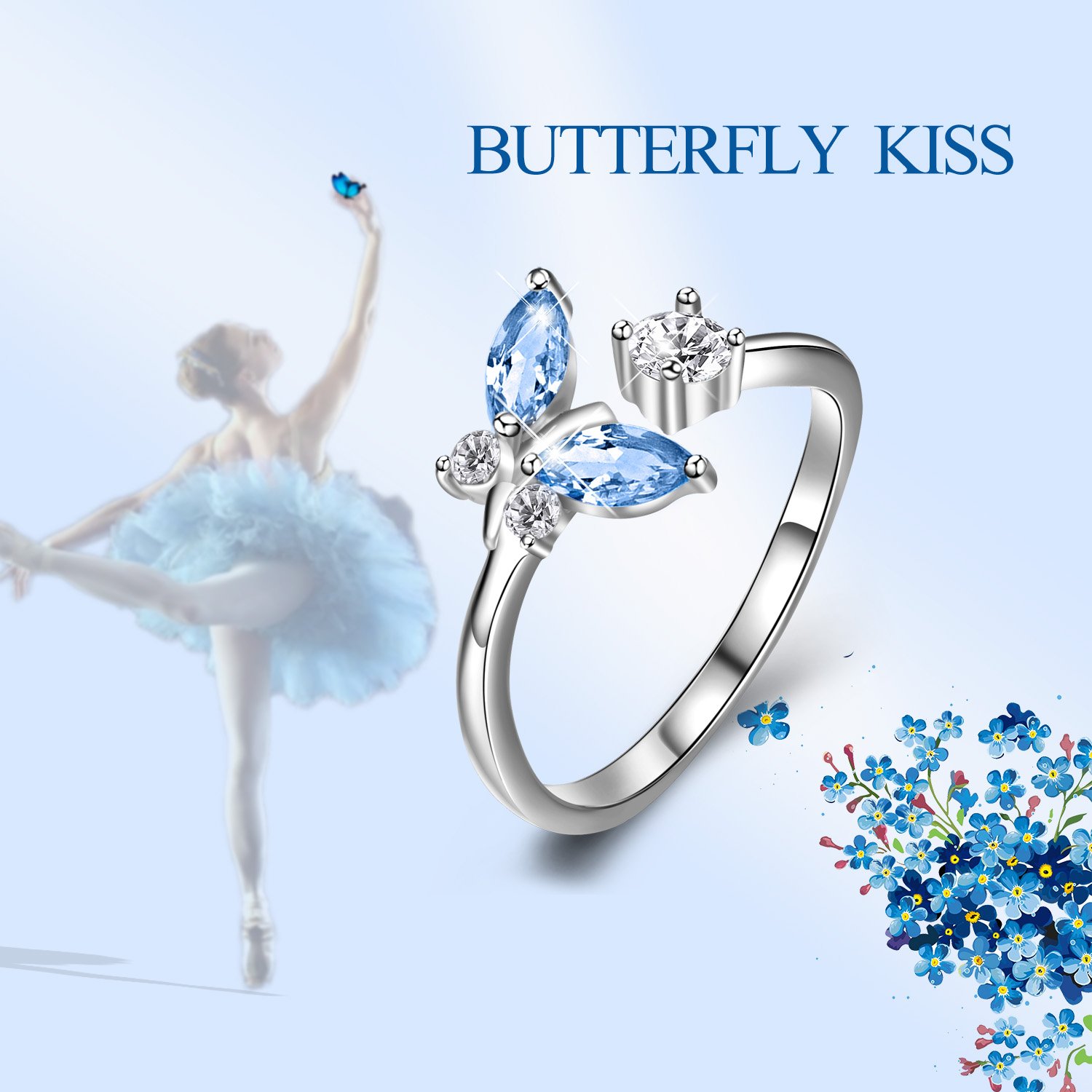AOBOCO Butterfly Ring Sterling Silver Adjustable Open Rings Blue Butterfly Series Anniversary Jewelry Gifts for Women US Size 6