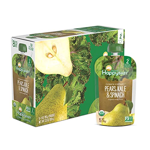 Happy Baby Organics Stage 2 Baby Food Pouches, Gluten Free, Vegan & Healthy Snack, Clearly Crafted Fruit & Veggie Puree, Pears Kale & Spinach, 4 Ounces (Pack of 8)