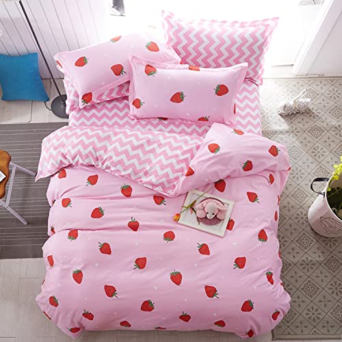 HALOZI Duvet Cover Set Full Size Strawberry Pink Stripes Reversible Luxury Soft Bedding Set Comforter Cover with Zipper Closure and Corner Ties (1 Duvet Cover+2 Pillowcases)(Full(80X90) inch)