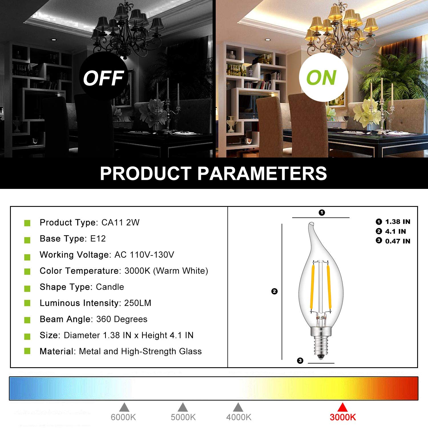 AOMRYOM 2W Candelabra LED Filament Bulb 25W Equivalent 3000K Warm White, E12 Base LED Chandelier Bulbs, Antique Style CA11 Clear Glass Candle Light Bulbs, Non-Dimmable, Pack of 8
