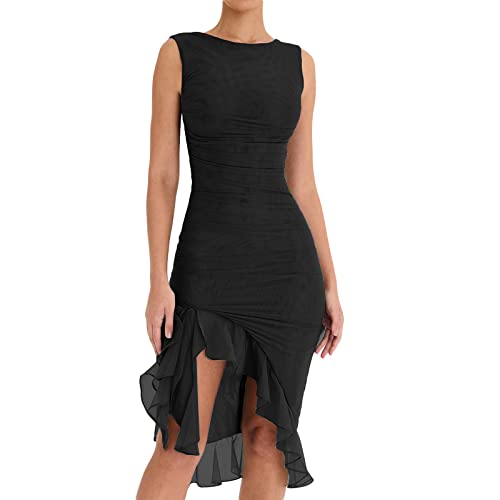 Chloefairy Women's Summer Midi Bodycon Sleeveless Backless Ruffle Hem Mermaid Cocktail Elegant Tank Dress (as1, Alpha, l, Regular, Regular, Black)